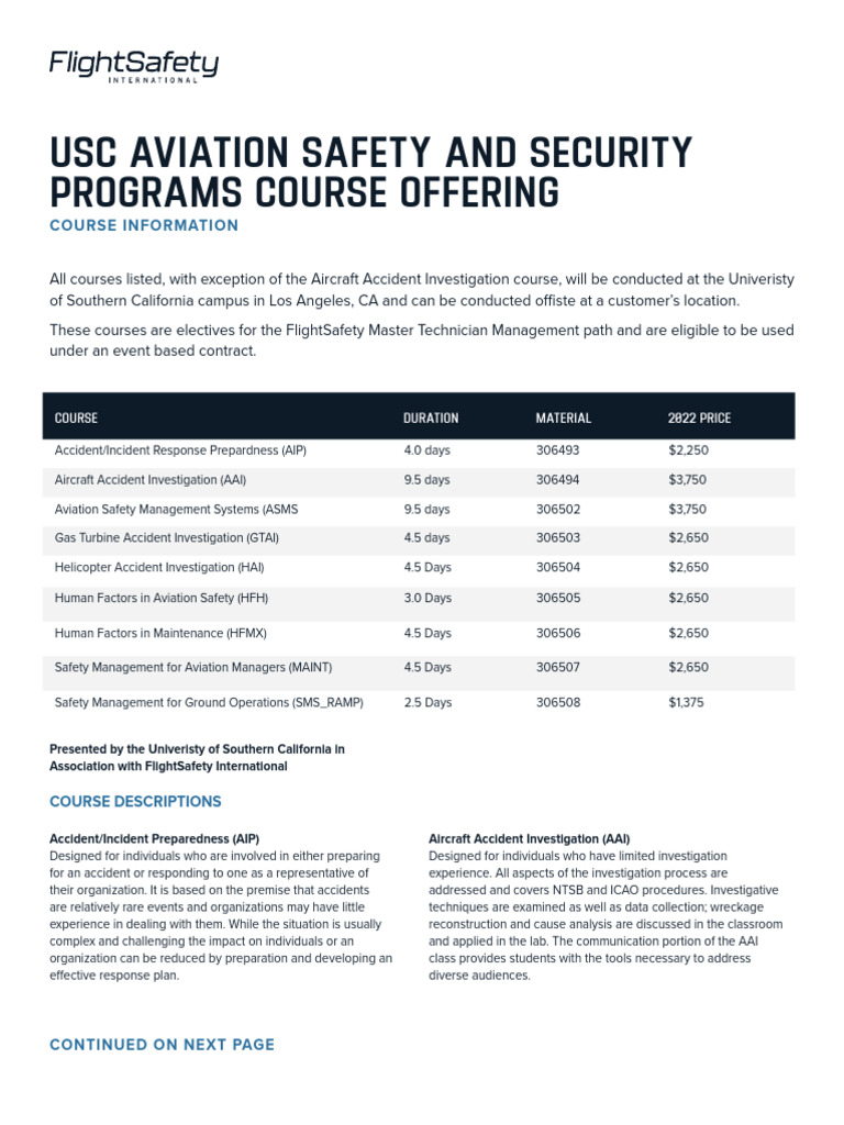 USC Aviation Safety and Security Programs Course Offering | PDF