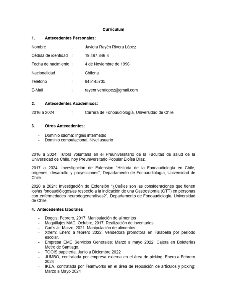Currículum Javiera Rivera López | PDF
