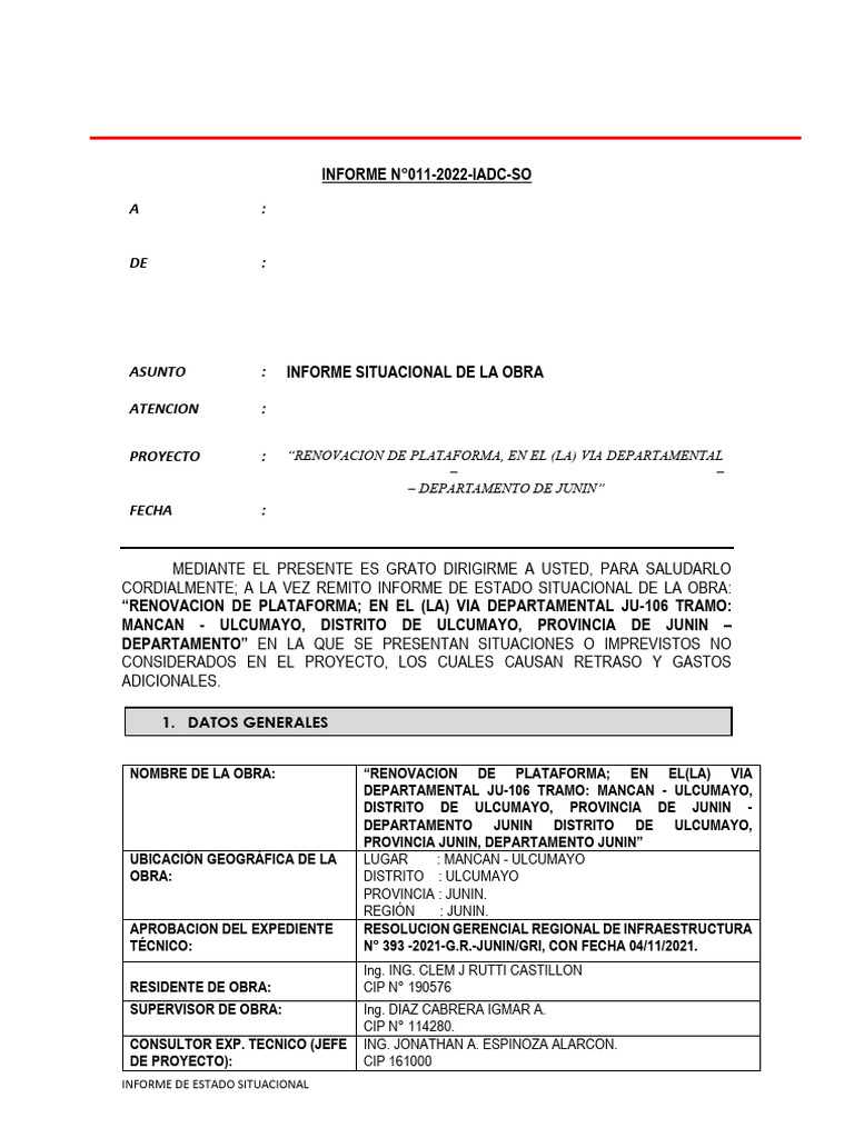 Informe Estado Situacional Obra | PDF | Precipitación | Ciencias de la Tierra