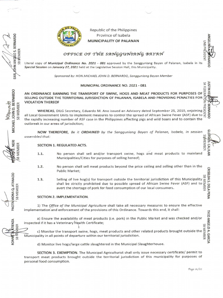 Municipal Ordinance No. 2021 81 Banning The Transport of Swine Hogs and ...
