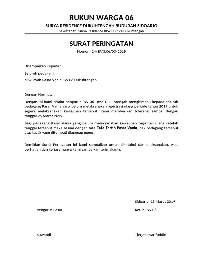 Surat Peringatan Registrasi Pedagang Pasar Vania | PDF