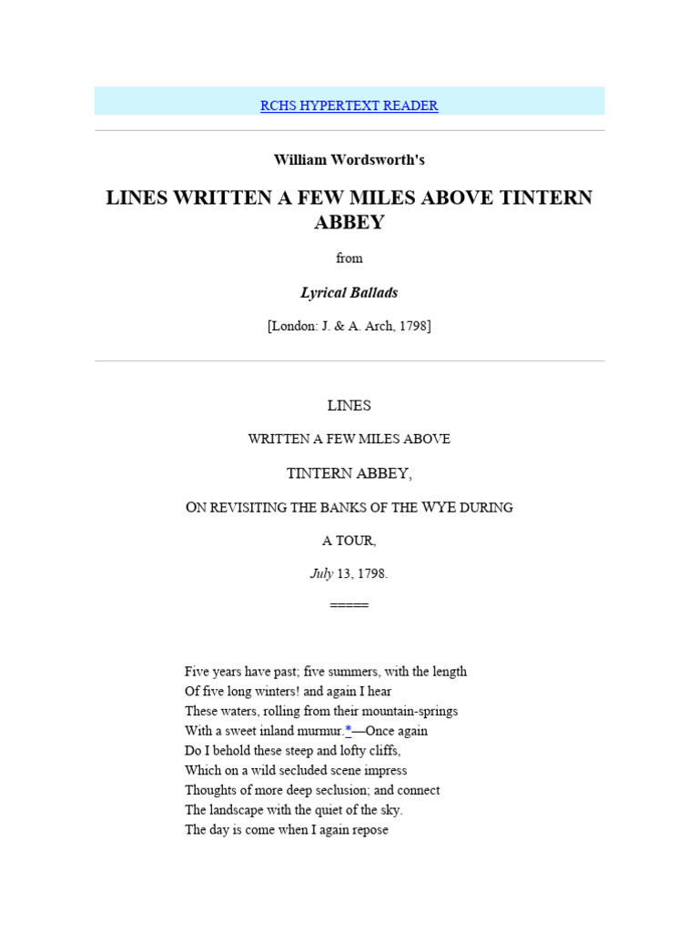 William Wordsworth, - Lines Written A Few Miles Above Tintern Abbey ...