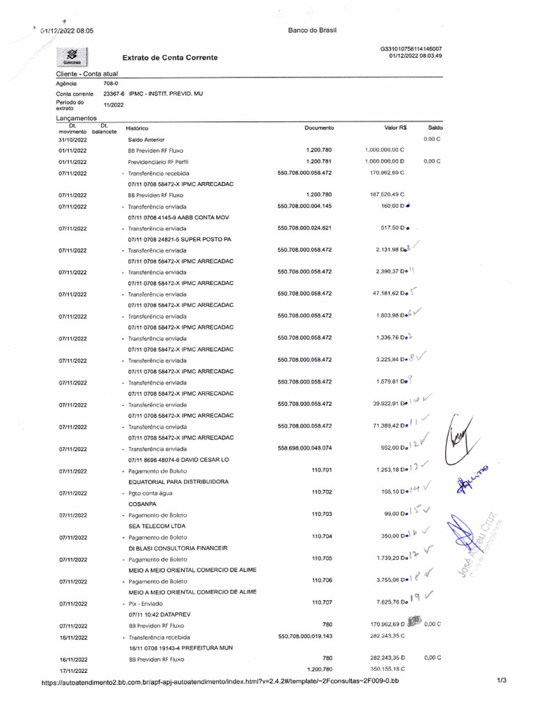 Extrato Bancario BANCO DO BRASIL 11 2022 | PDF