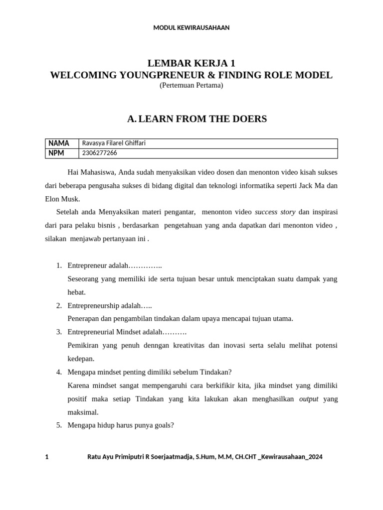 Lembar Kerja 1 Kewirausahaan - Finding Role Model | PDF