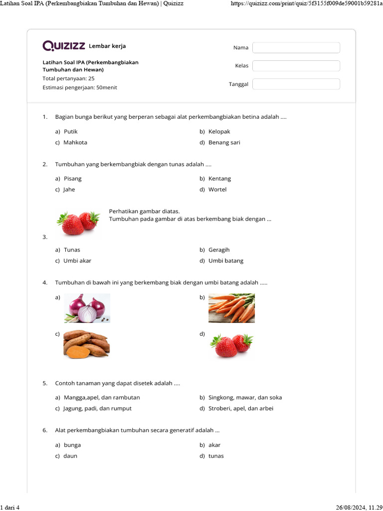 Latihan Soal IPA (Perkembangbiakan Tumbuhan Dan Hewan) - Quizizz | PDF