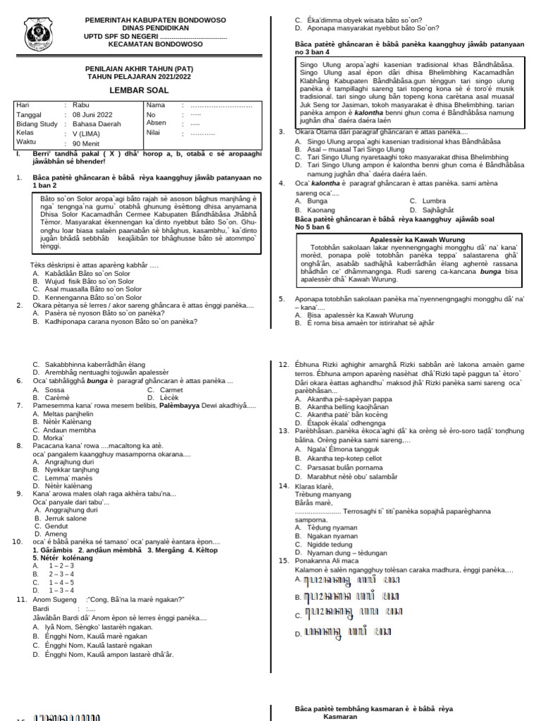 Soal Pat Bhs. Madura Kls. V Tp. 2021-2022 | PDF