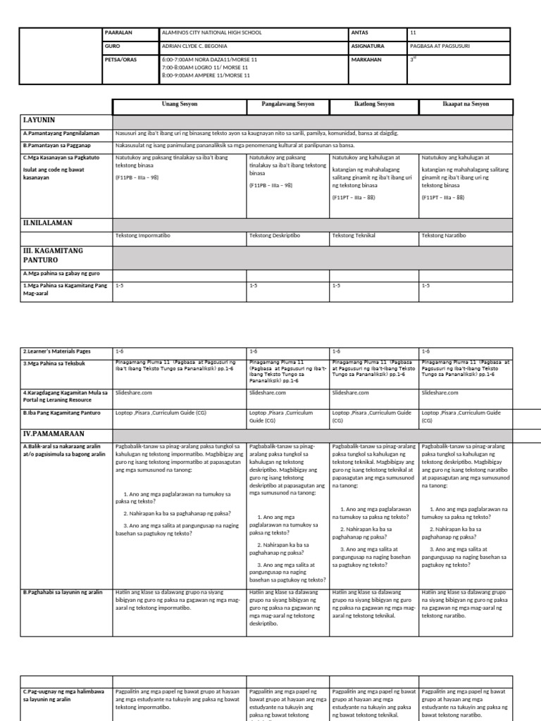 Pagbasa at Pagsusuri Lesson Plan | PDF