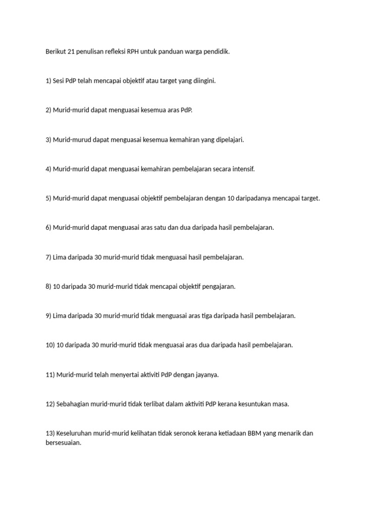 Berikut 21 Penulisan Refleksi RPH Untuk Panduan Warga Pendidik | PDF
