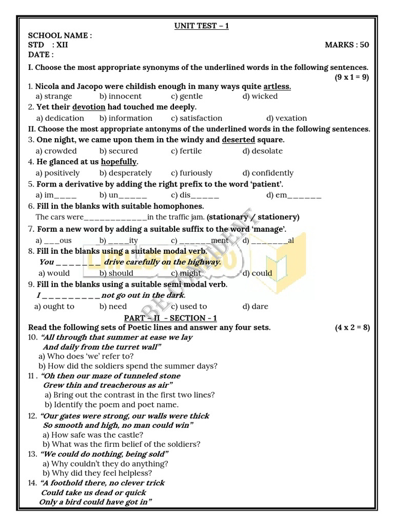 12th English Unit Test 1 Model Question Paper PDF Download | PDF