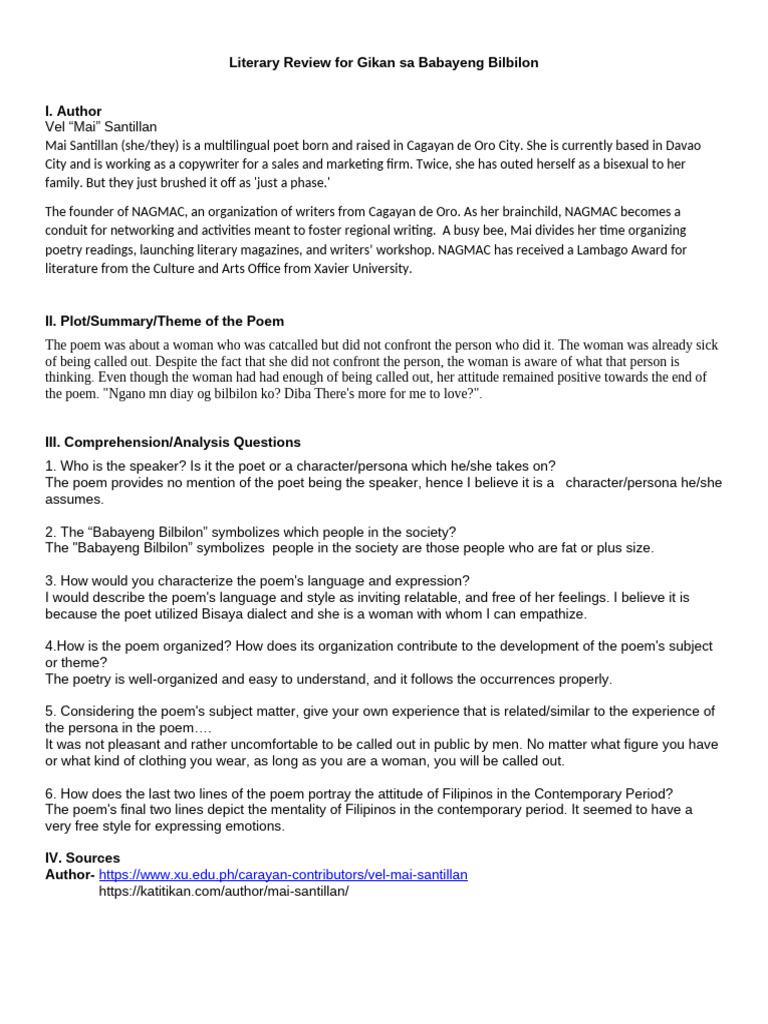 Guidelines For Literary Review - Gikan Sa Babayeng Bilbilon | PDF Guidelines For Literary Review - Gikan Sa Babayeng Bilbilon | PDF