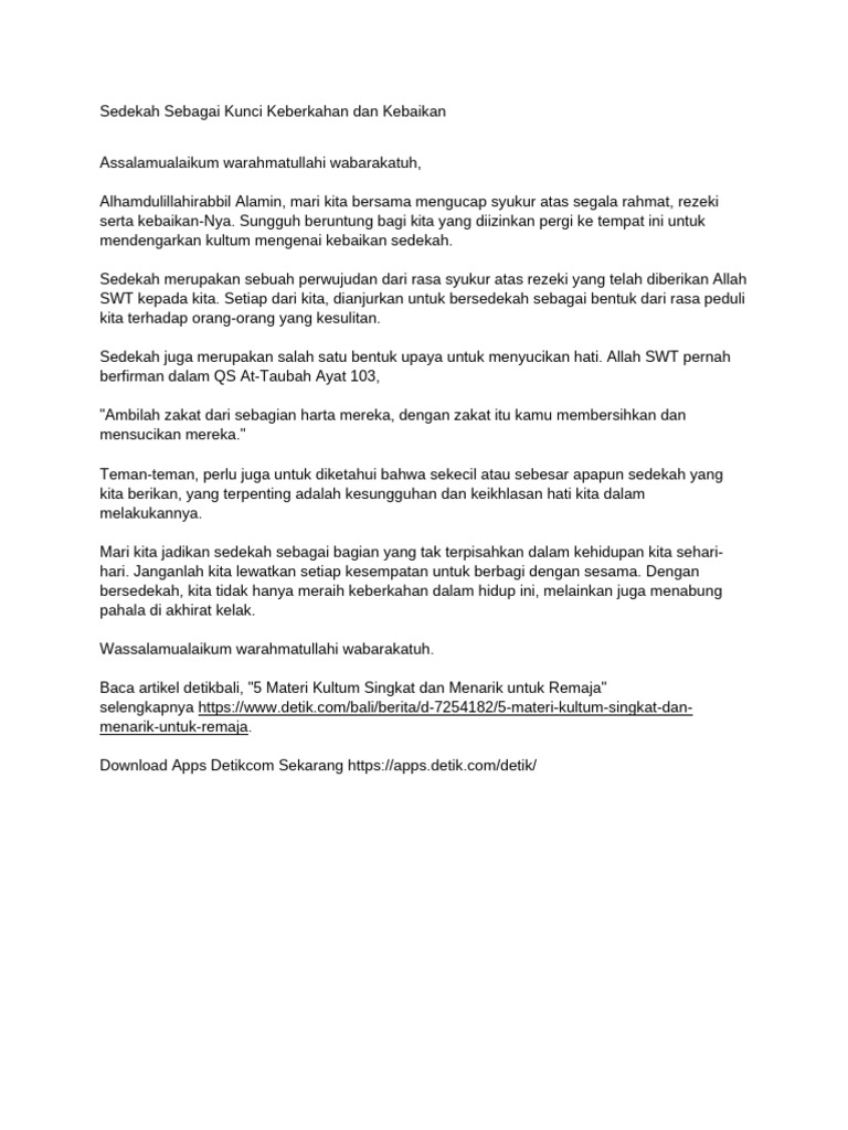 Sedekah Sebagai Kunci Keberkahan Dan Kebaikan | PDF