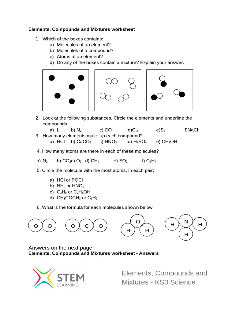 Worksheet Elements Compounds Mixtures ks3 | PDF