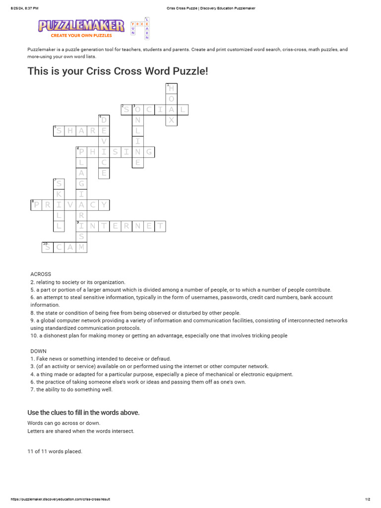 Criss Cross Puzzle - Discovery Education Puzzlemaker | PDF