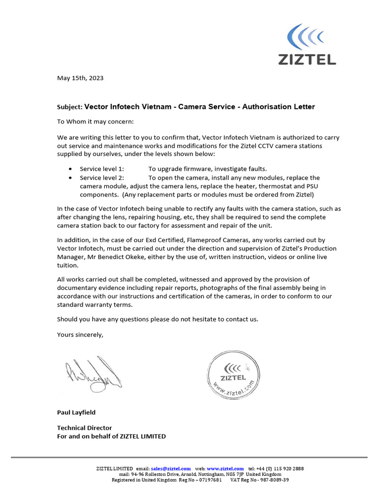 PWL15.05.23 Letter Re. Vector Infotech Service Authorisation | PDF