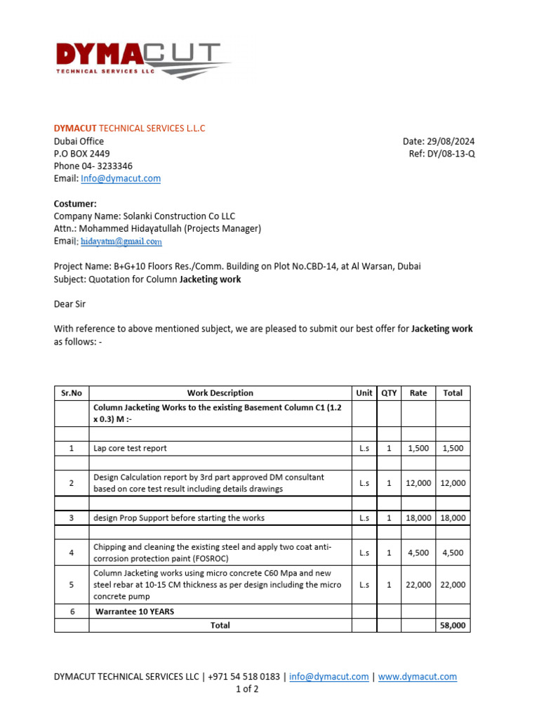 Quotation For Column Jacketing Work - Solanki Construction Co LLC | PDF ...