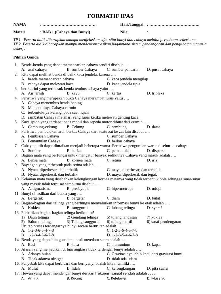 Soal Formatif Ipas Bab 1 Kelas 5 Semester 1 Kurikulum Merdeka | PDF