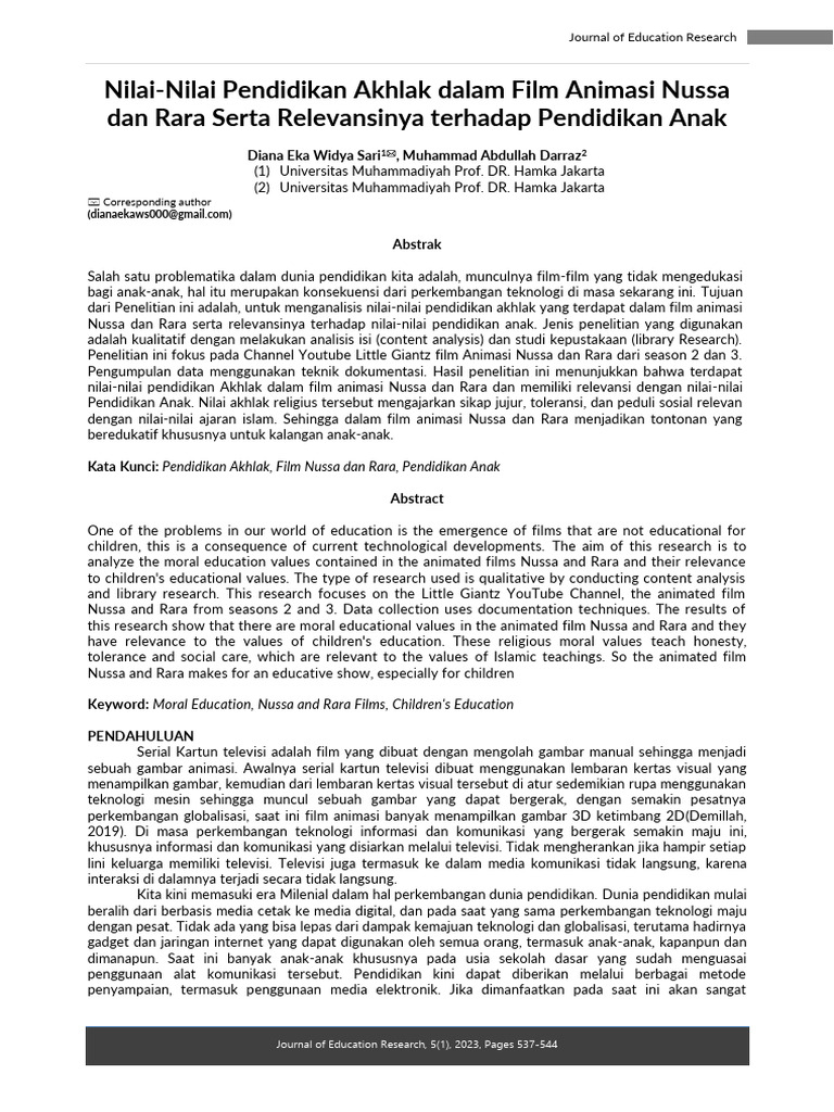 Nilai-Nilai Pendidikan Akhlak Dalam Film Animasi Nussa Dan Rara Serta Relevansinya Terhadap ...