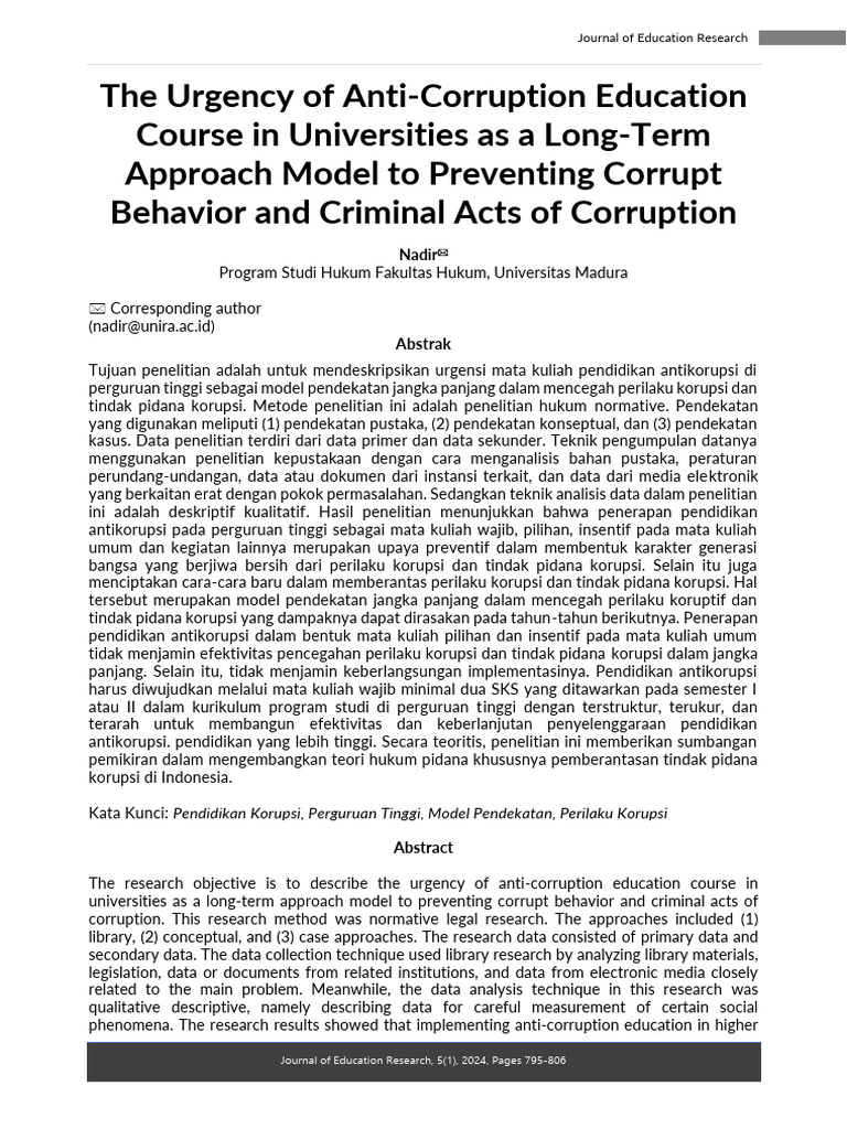 The Urgency of Anti-Corruption Education Course in Universities As A Long-Term Approach Model To ...