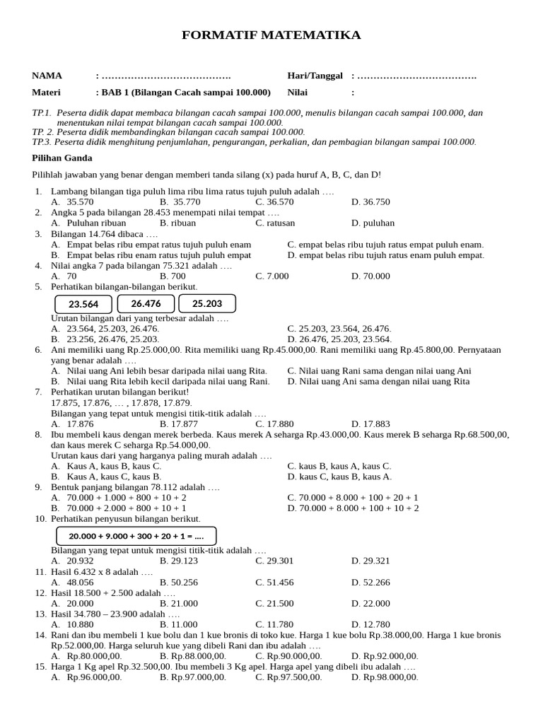 Soal Formatif Matematika Bab 1 Kelas 5 Semester 1 Kurikulum Merdeka | PDF