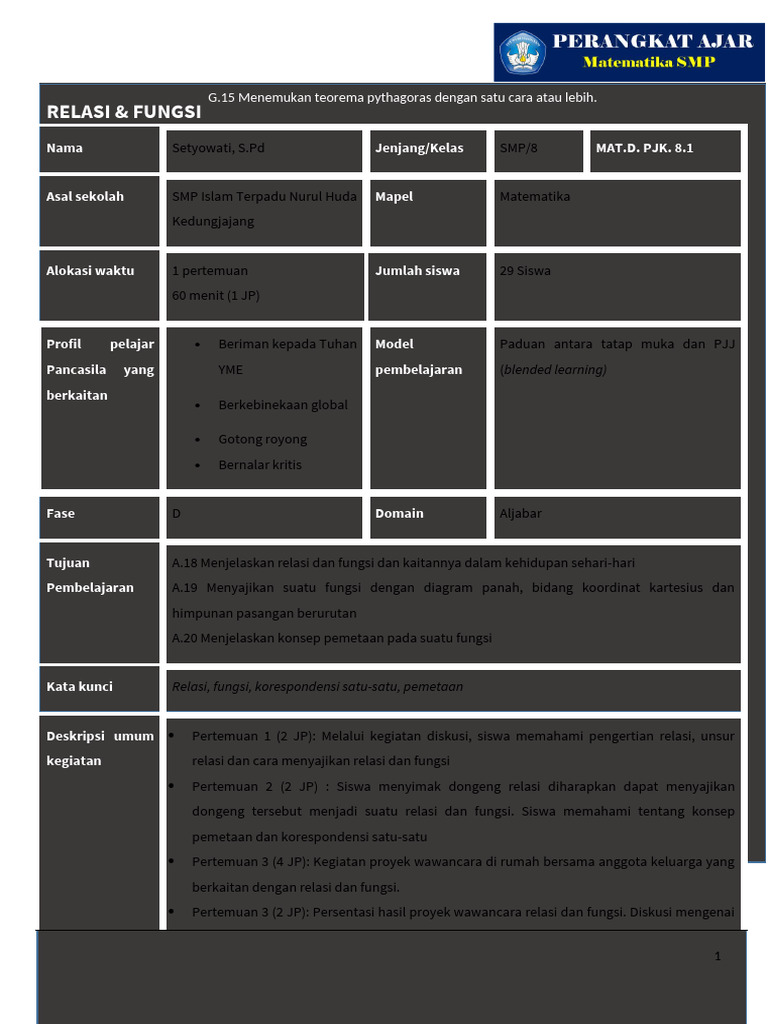 Modul Ajar Relasi Dan Fungsi Kumer | PDF