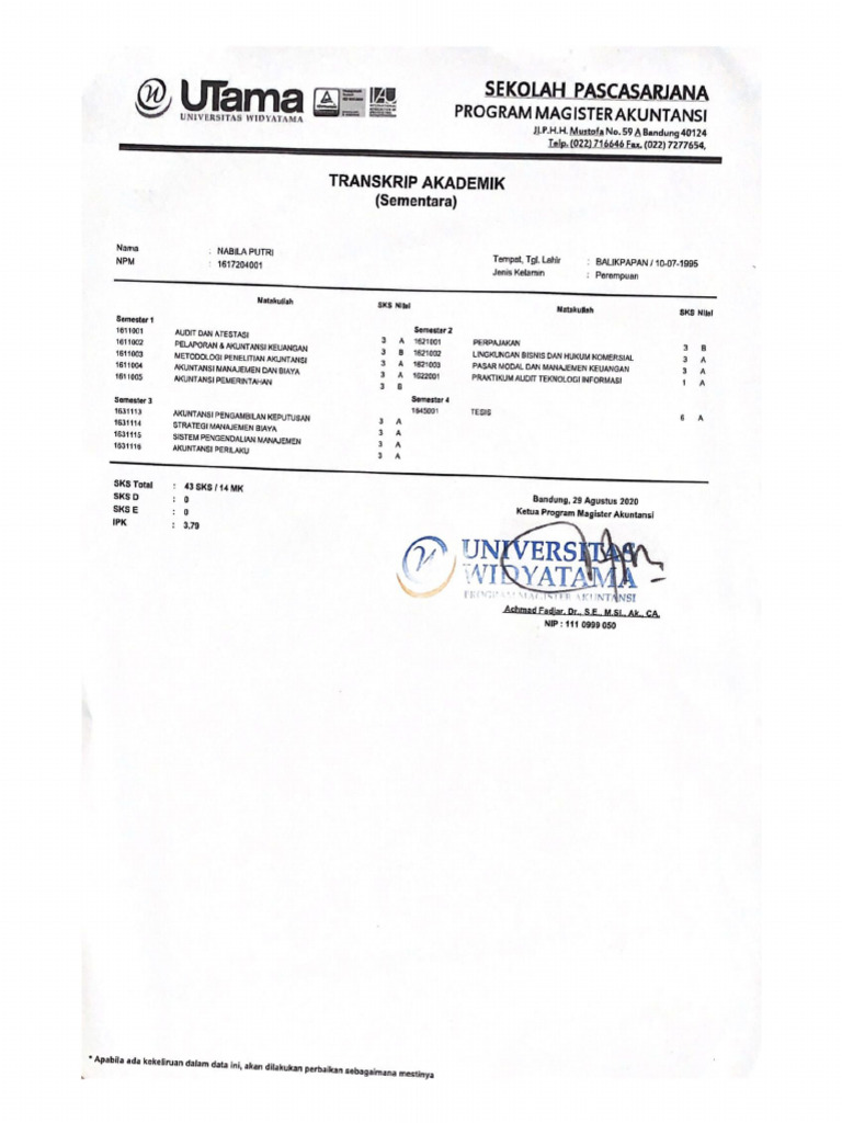 Transkrip Nilai 3 | PDF