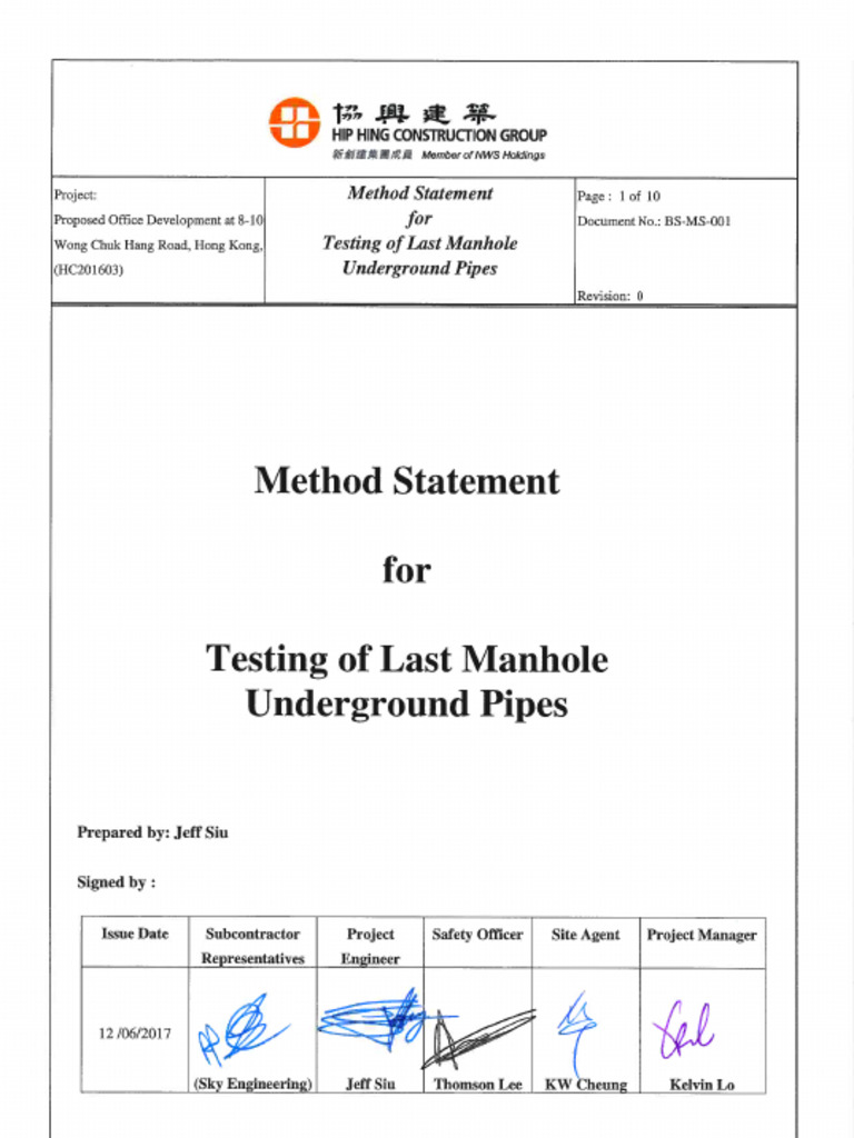 (TS-BS-001) Method Statement For Testing of Last MH UG Pipes | PDF