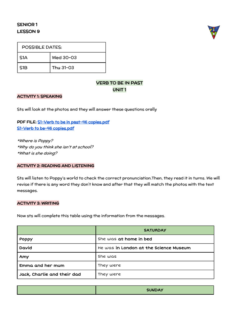 S1-Lesson 9-Verb To Be in Past | PDF