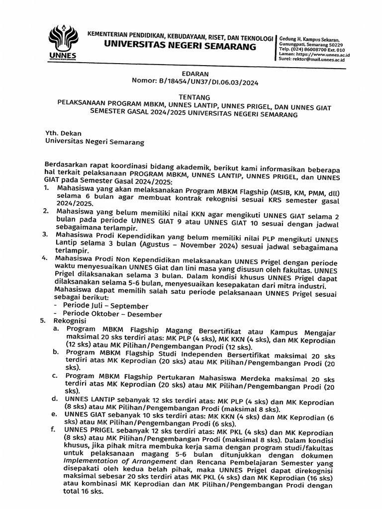 Surat Edaran Program MBKM Lantip Prigel Giat SMT Gasal 2024-2025 UNNES ...