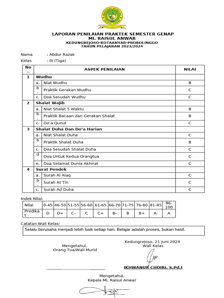 Rapot Ujian Praktek Kelas 3 | PDF