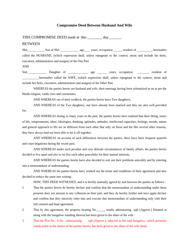 Compromise Deed for Husband and Wife | PDF | Marriage | Justice