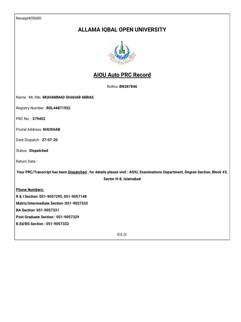 AIOU Degree - PRC Application Receipt | PDF
