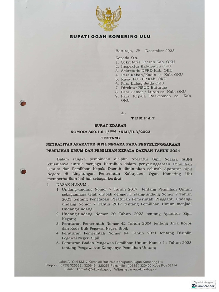 Surat Edaran Netralitas ASN | PDF