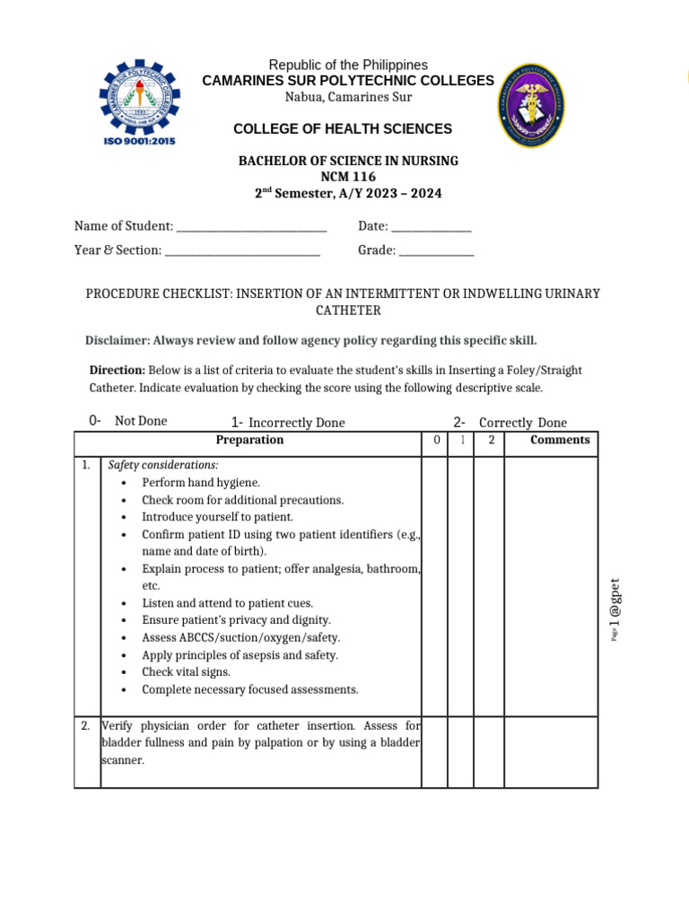 INSERTION OF AN INTERMITTENT OR INDWELLING URINARY CATHETER Checklist ...
