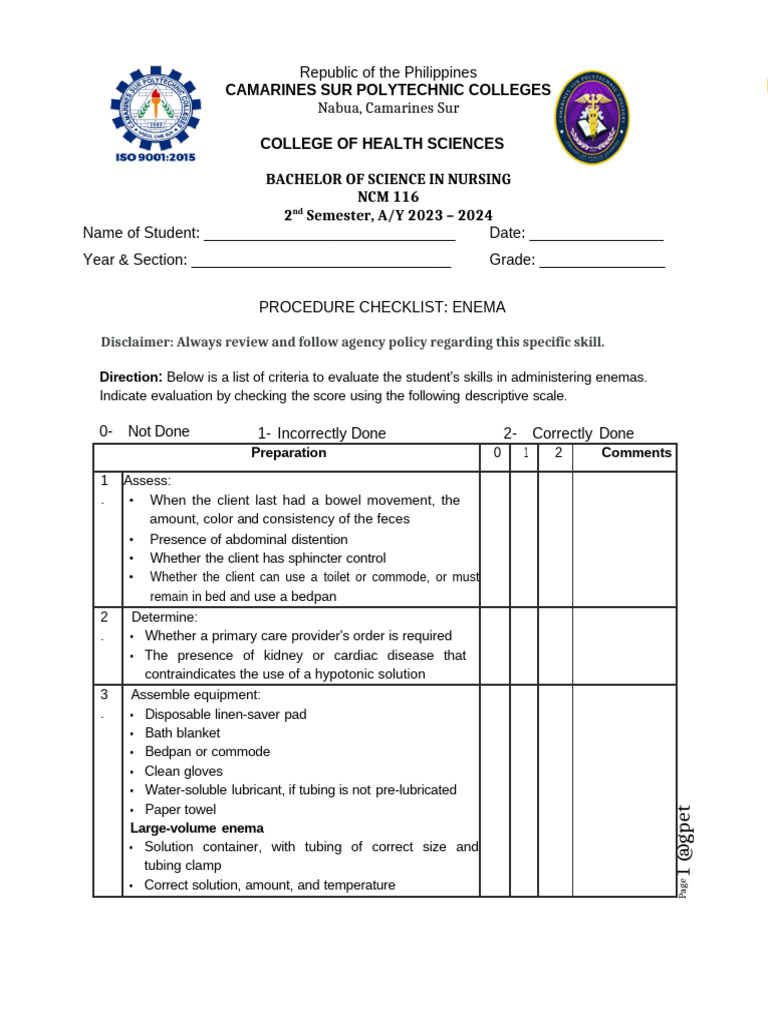 Enema Checklist NCM 116 Ay 23 24 2ND Sem | PDF | Rectum | Medical Specialties