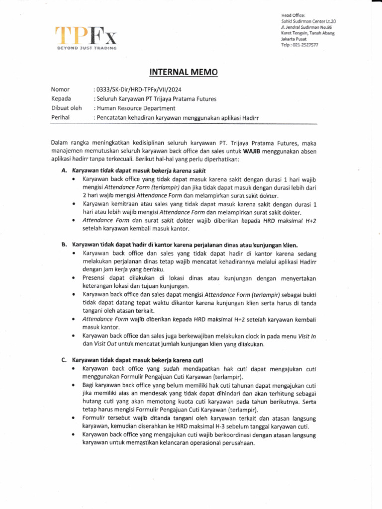 Internal Memo - Pencatatan Kehadiran Karyawan Menggunakan Aplikasi Hadirr | PDF