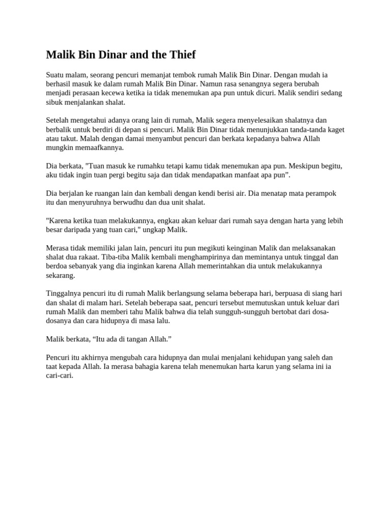 Malik Bin Dinar and The Thief | PDF