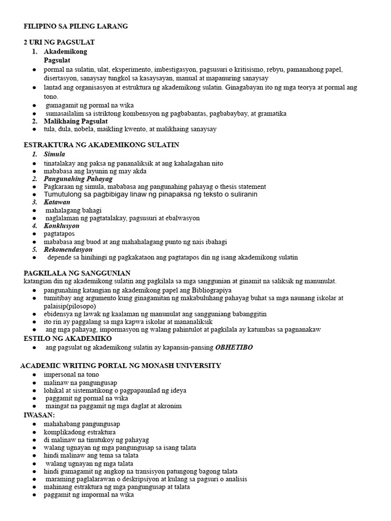 Fil. Sa Piling Larang Prelims | PDF