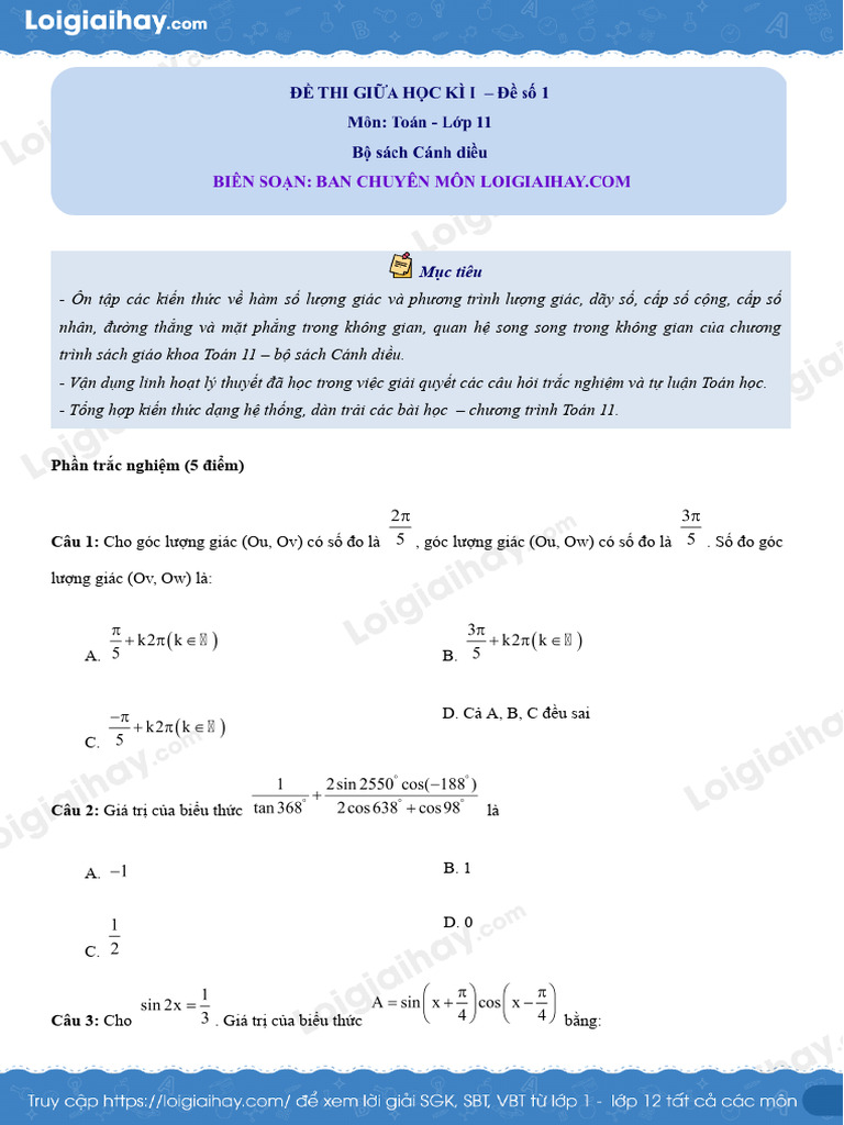 De Thi Giua Ki 1 Toan 11 Canh Dieu de So 1 1696303155 | PDF