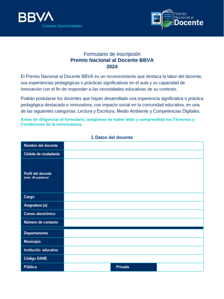 Formulario de Inscripcion Premio Nacional Al Docente 2024 Bbva Colombia | PDF