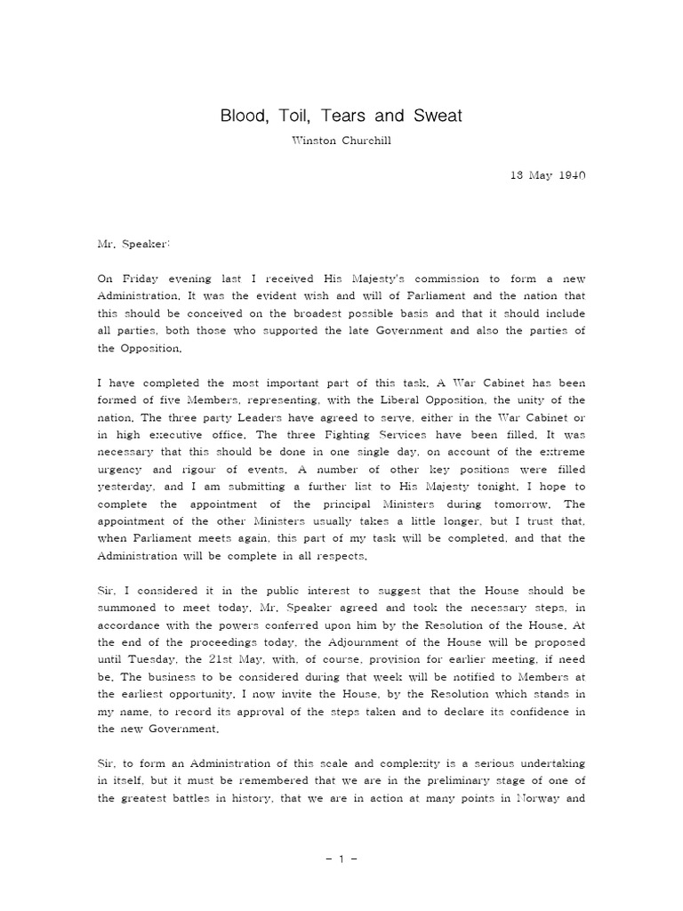 Blood, Toil, Tears and Sweat-Winston Churchill | PDF