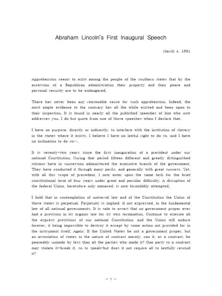 First Inaugural Speech-Abraham Lincoln' | PDF