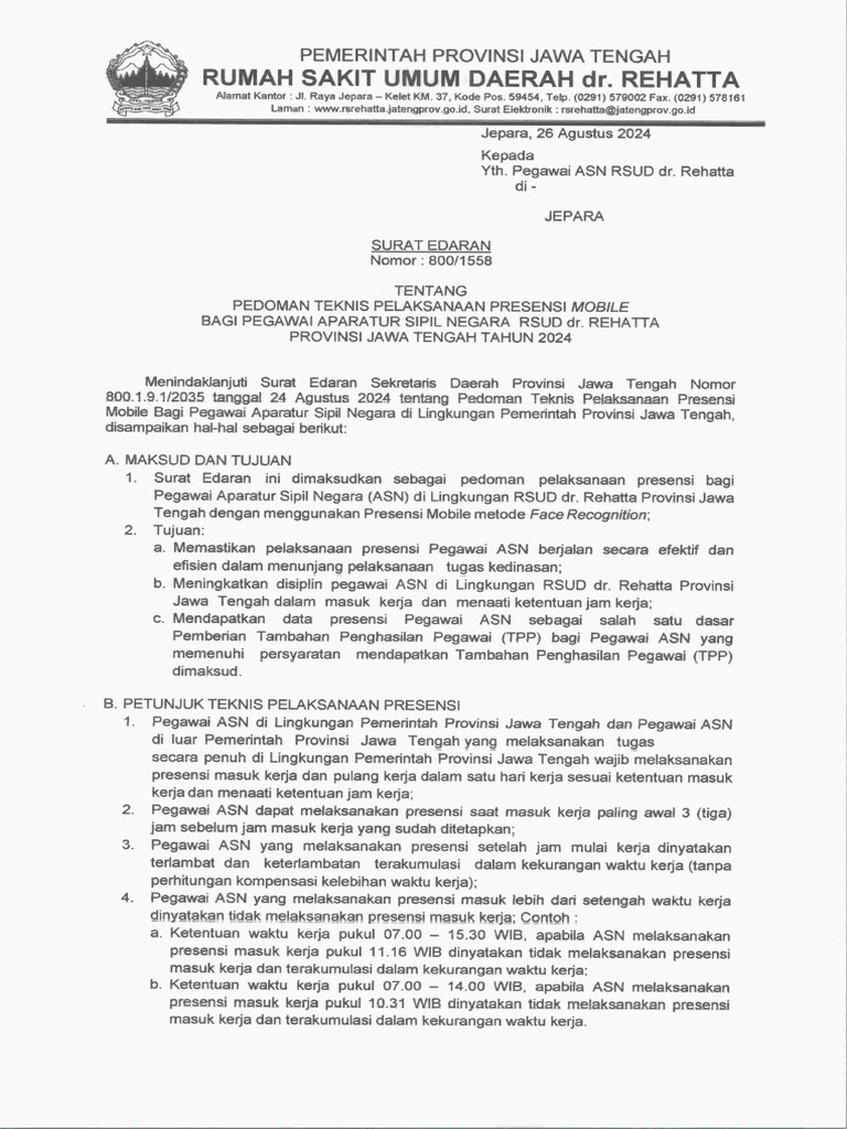 Surat Edaran Tentang Pedoman Teknis Pelaksanaan Presensi Mobile Bagi Pegawai Asn Rsud DR Rehatta ...