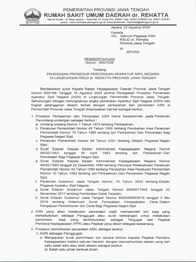 Pemberitahuan Penegasan Prosedur Perceraian Asn Di Lingkungan Rsud DR Rehatta Prov Jateng | PDF
