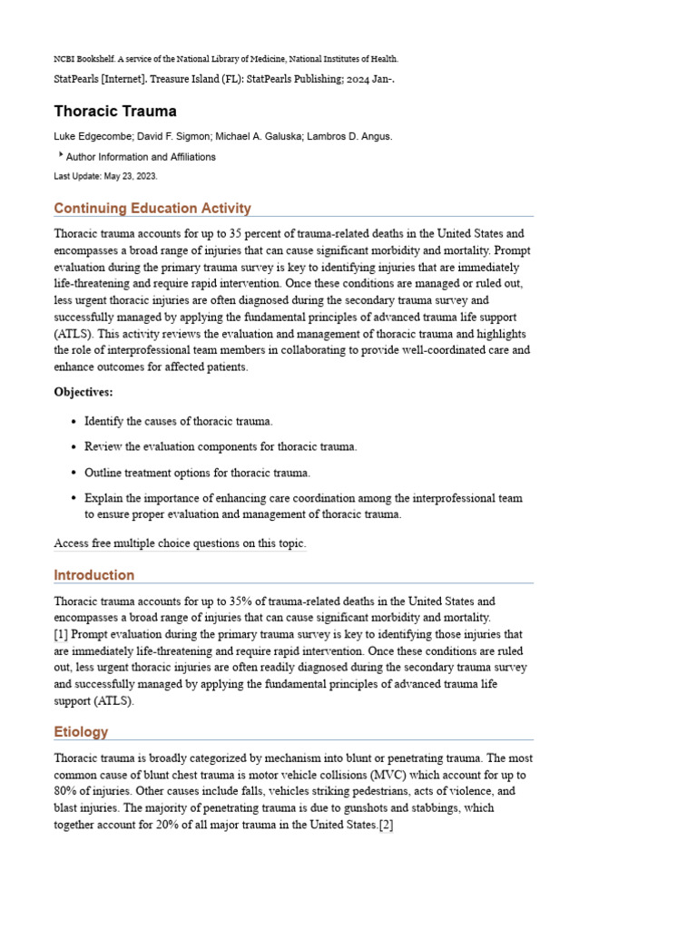 Thoracic Trauma - StatPearls - NCBI Bookshelf | PDF