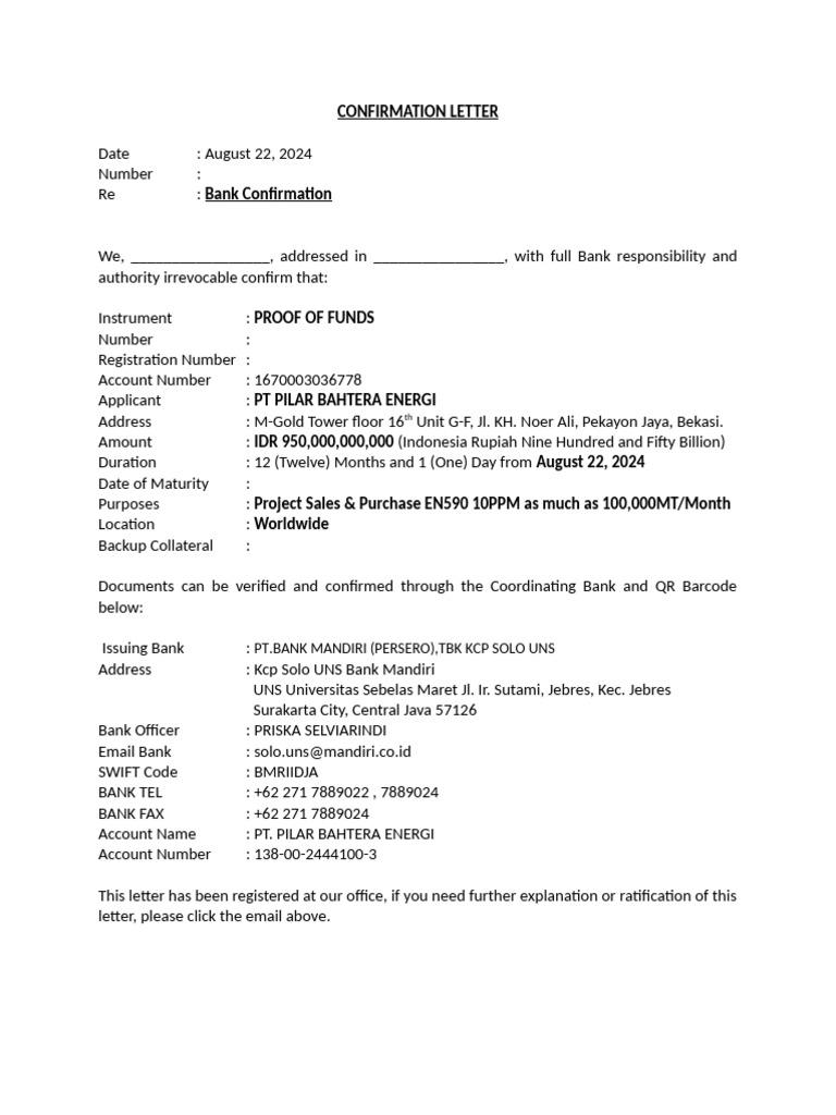 Bank Confirmation Letter Pilar New 1 | PDF