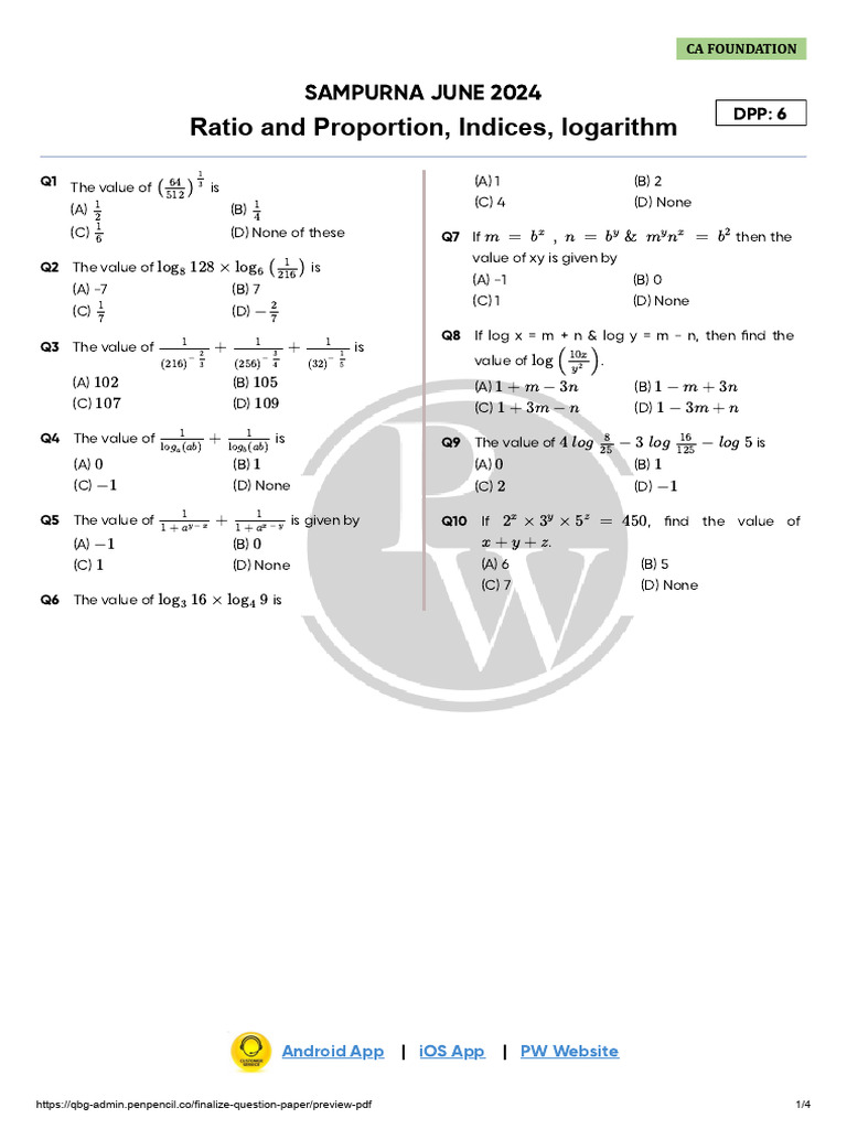 657ae8f9d456f400186b8d7a - ## - Ratio and Proportion, Indices, Logarithm DPP 06 | PDF