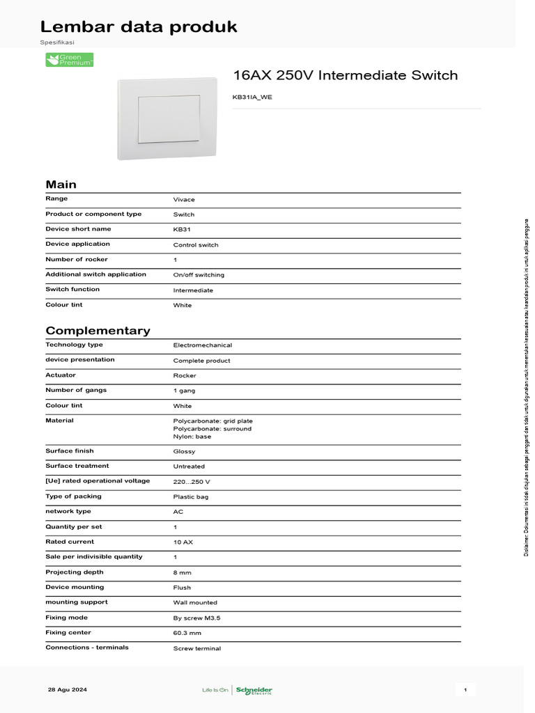 Schneider Electric - Vivace - KB31IA - WE | PDF | Switch | Equipment