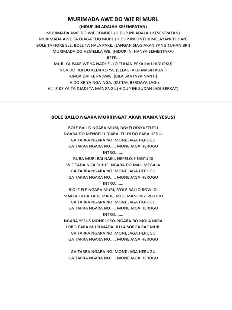 Lirik Lagu Hidup Ini Adalah Kesempatan (Bahasa Sabu) | PDF