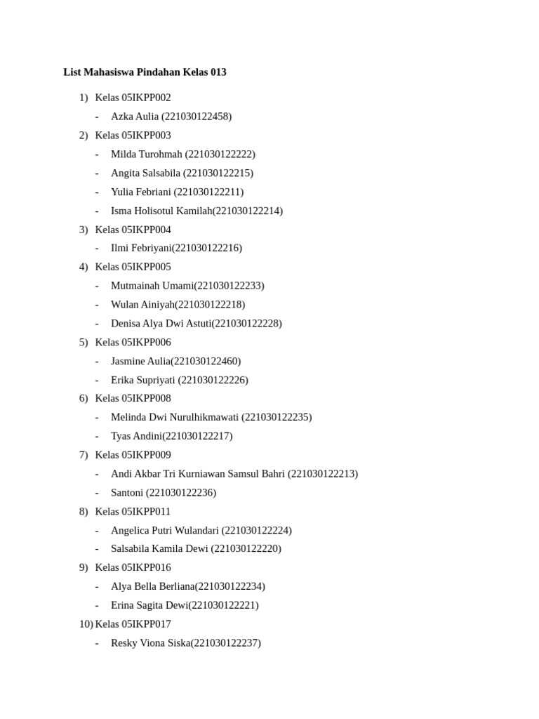 List Mahasiswa Pindahan Kelas 013-2 | PDF