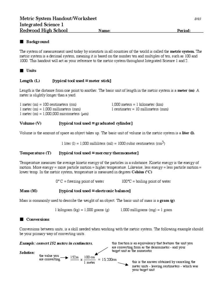 Metric System Handout | PDF | Litre | Kilogram